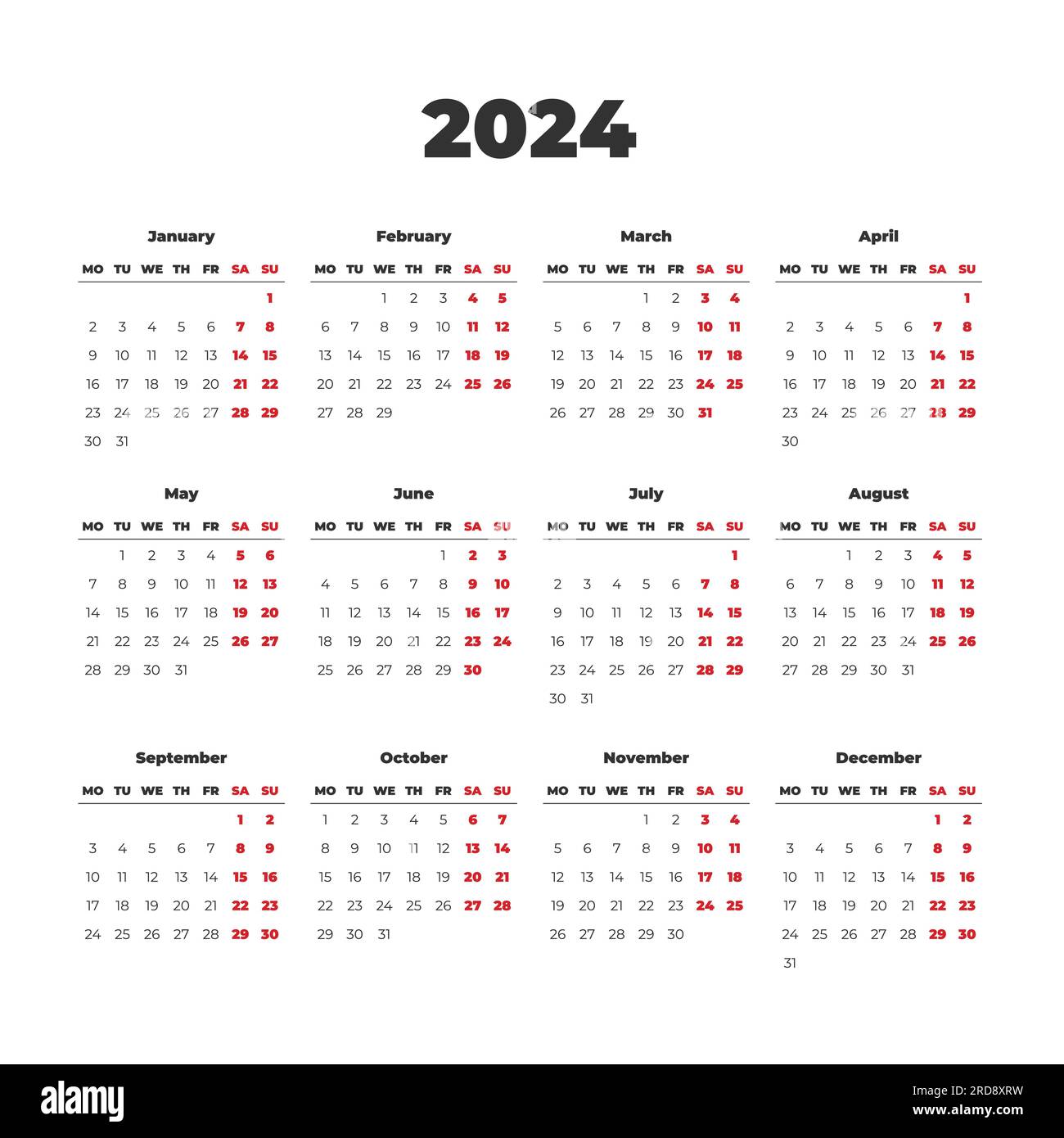 Simple vector calendar on 2024. Start from Monday Stock Vector Image ...