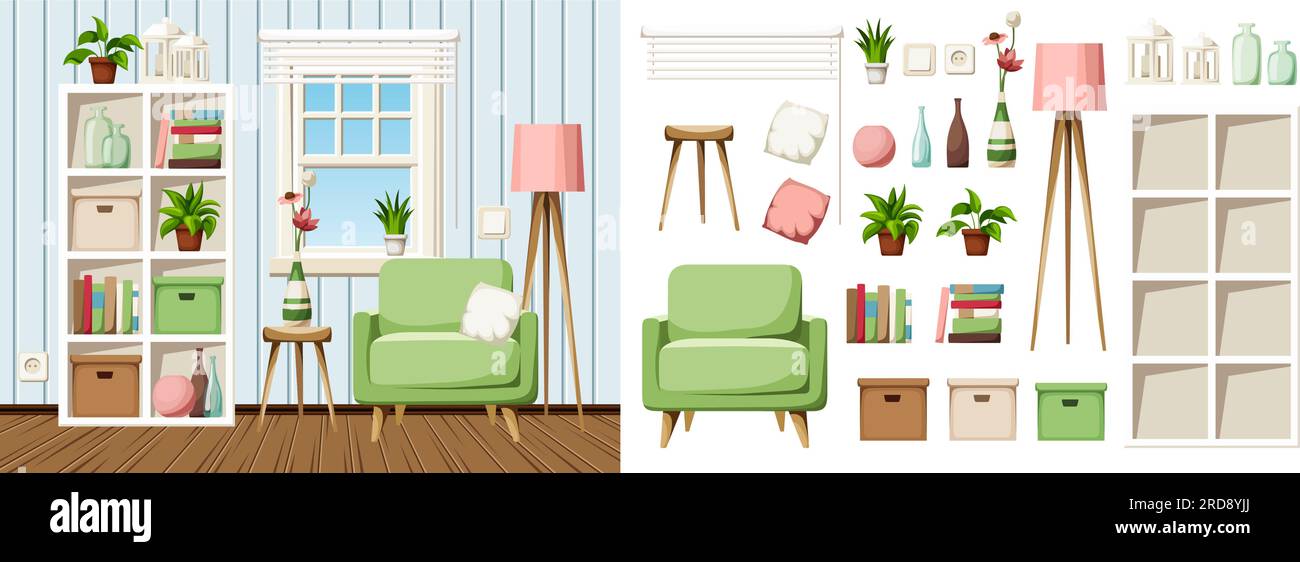 Cozy living room interior with blue walls, an armchair, a shelving, a ...