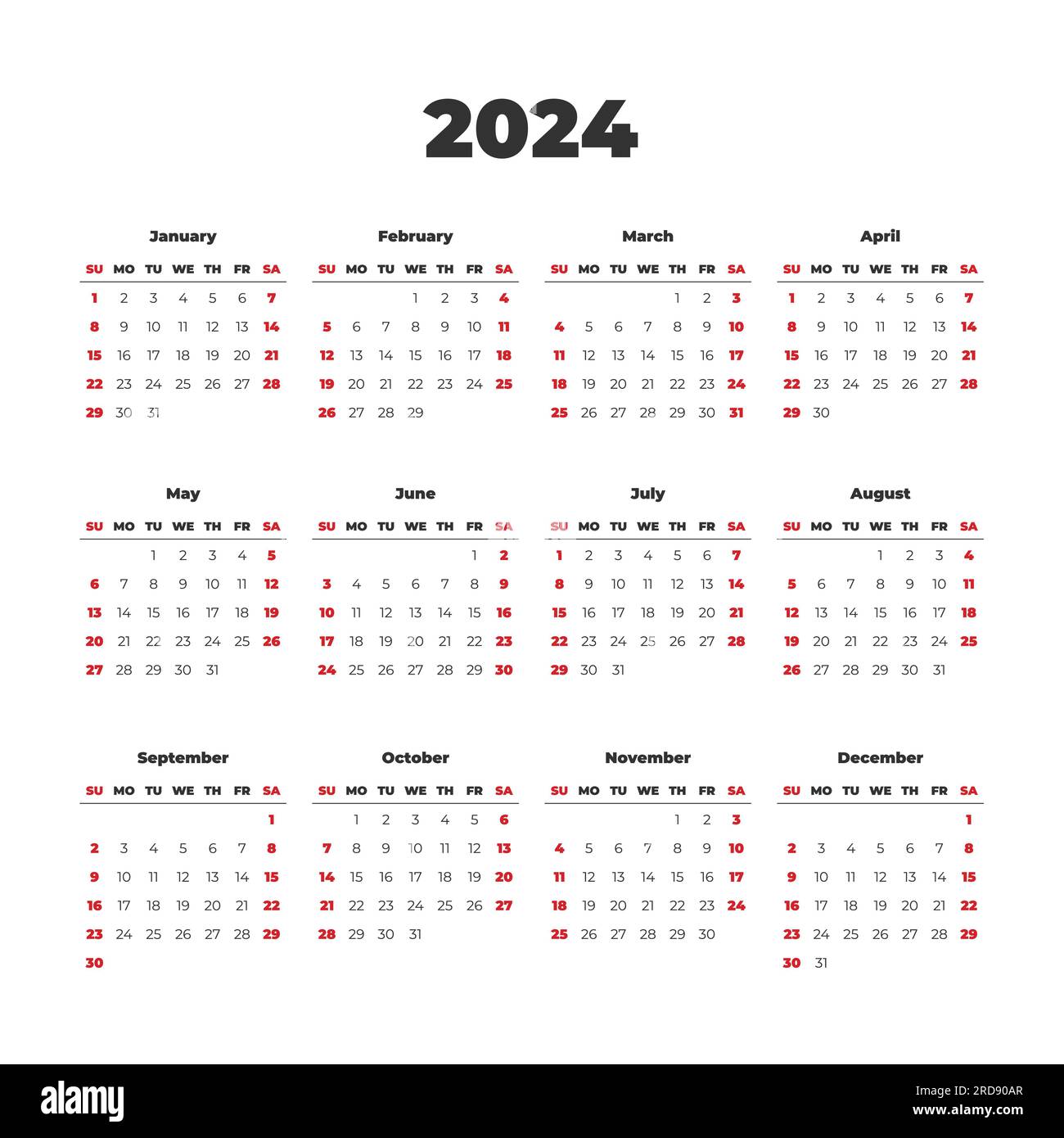 Simple vector calendar on 2024. Start from Sunday Stock Vector Image ...