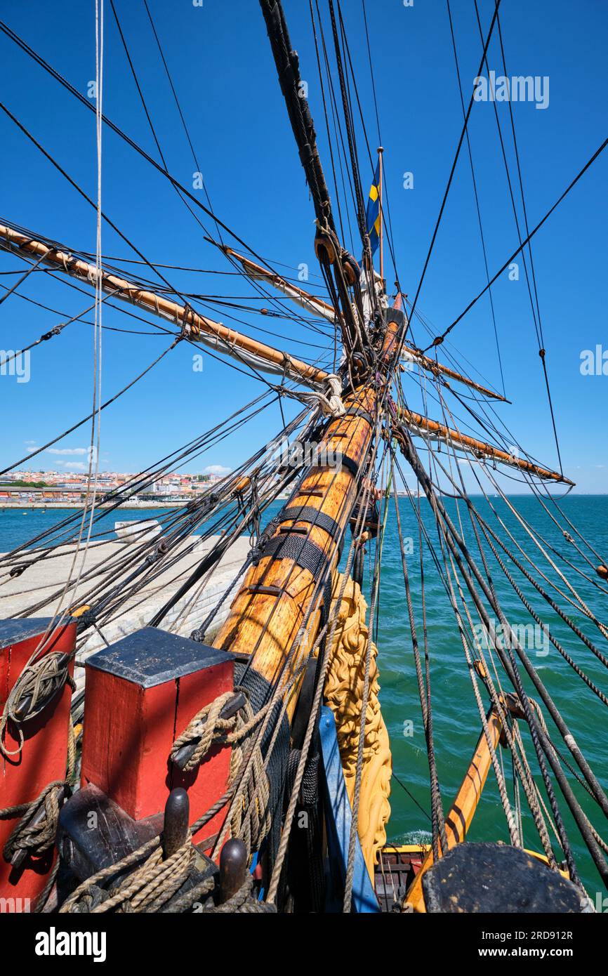 Bowspirit of old wooden sail ship with lots of rope gear Stock Photo ...