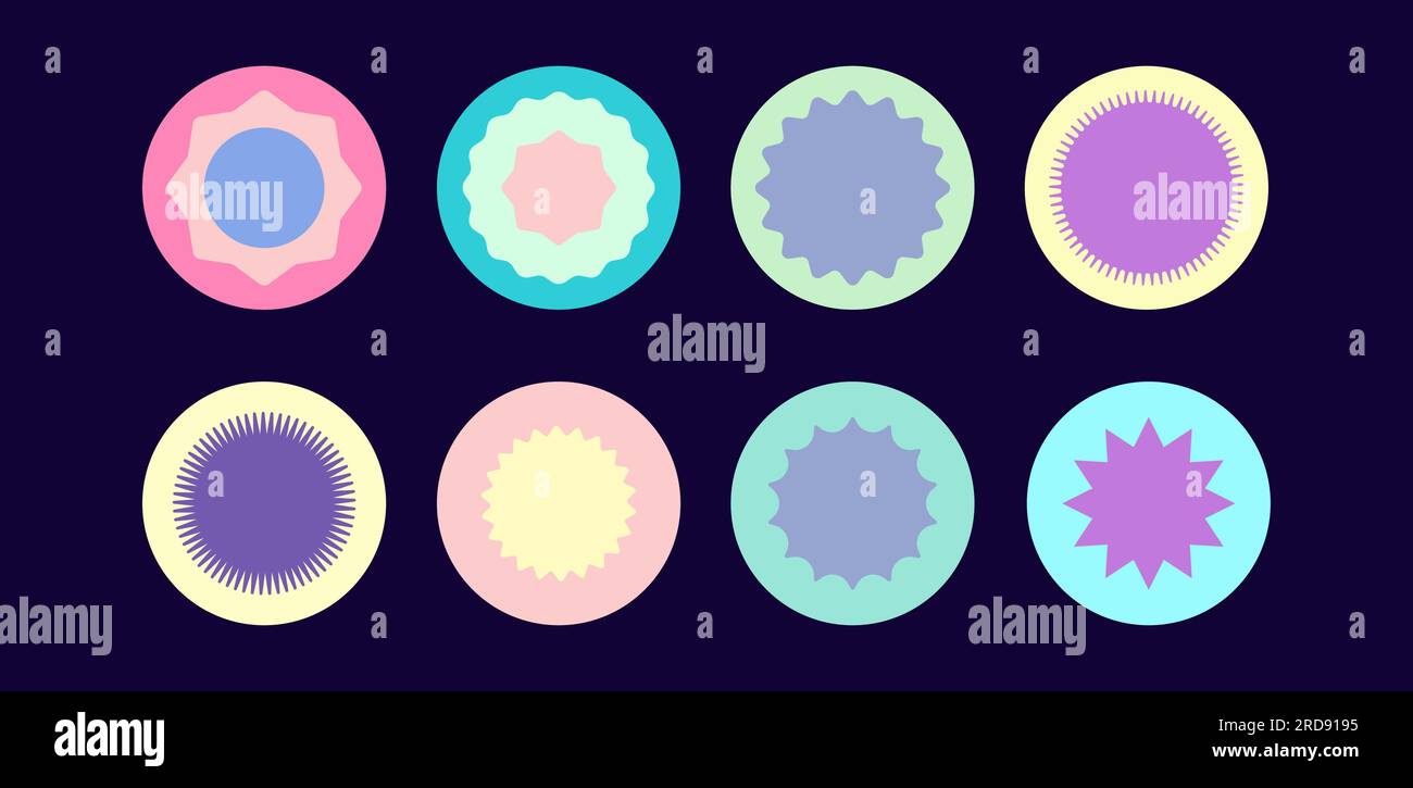 Pastel colored retro shapes. Set of circle stickers. Retro star shapes ...