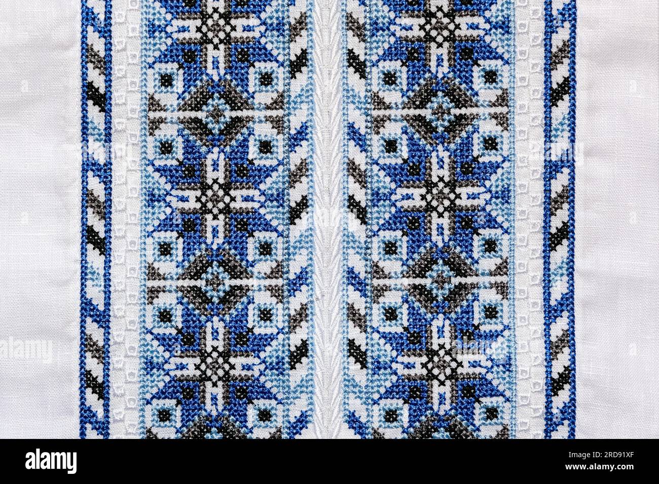 A close-up view of an element of a Ukrainian men's embroidered shirt ...