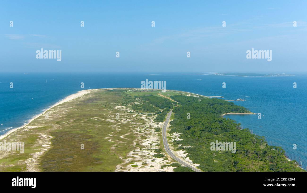 Aerial view of Mobile Bay and the Gulf of Mexico at Fort Morgan ...