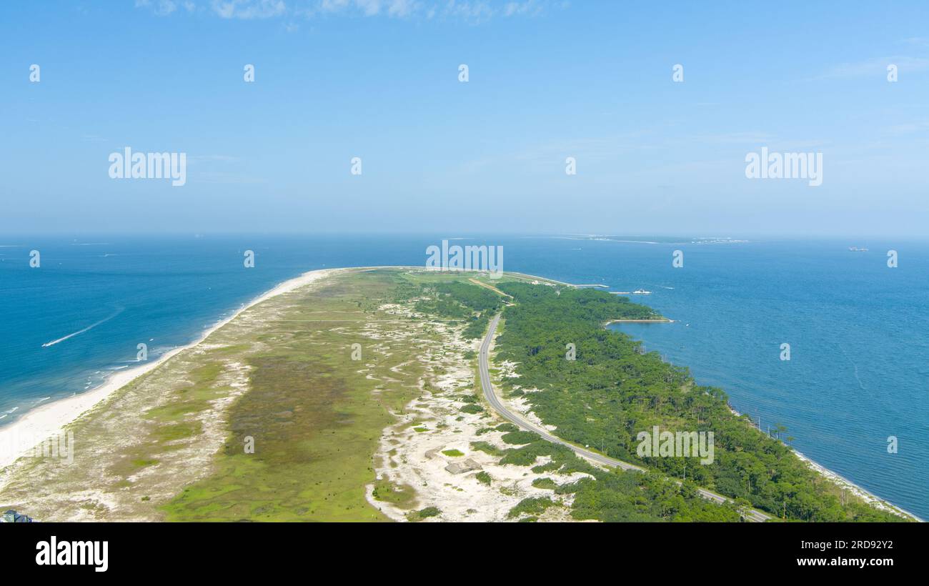 Aerial view of Mobile Bay and the Gulf of Mexico at Fort Morgan ...