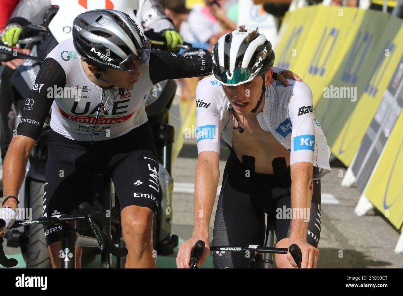 Tadej Pogacar consoled by Marc Soler after his crash and losing time ...