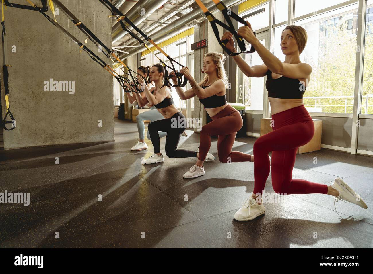 Group of fit women doing push-ups training exercises with fitness trx ...