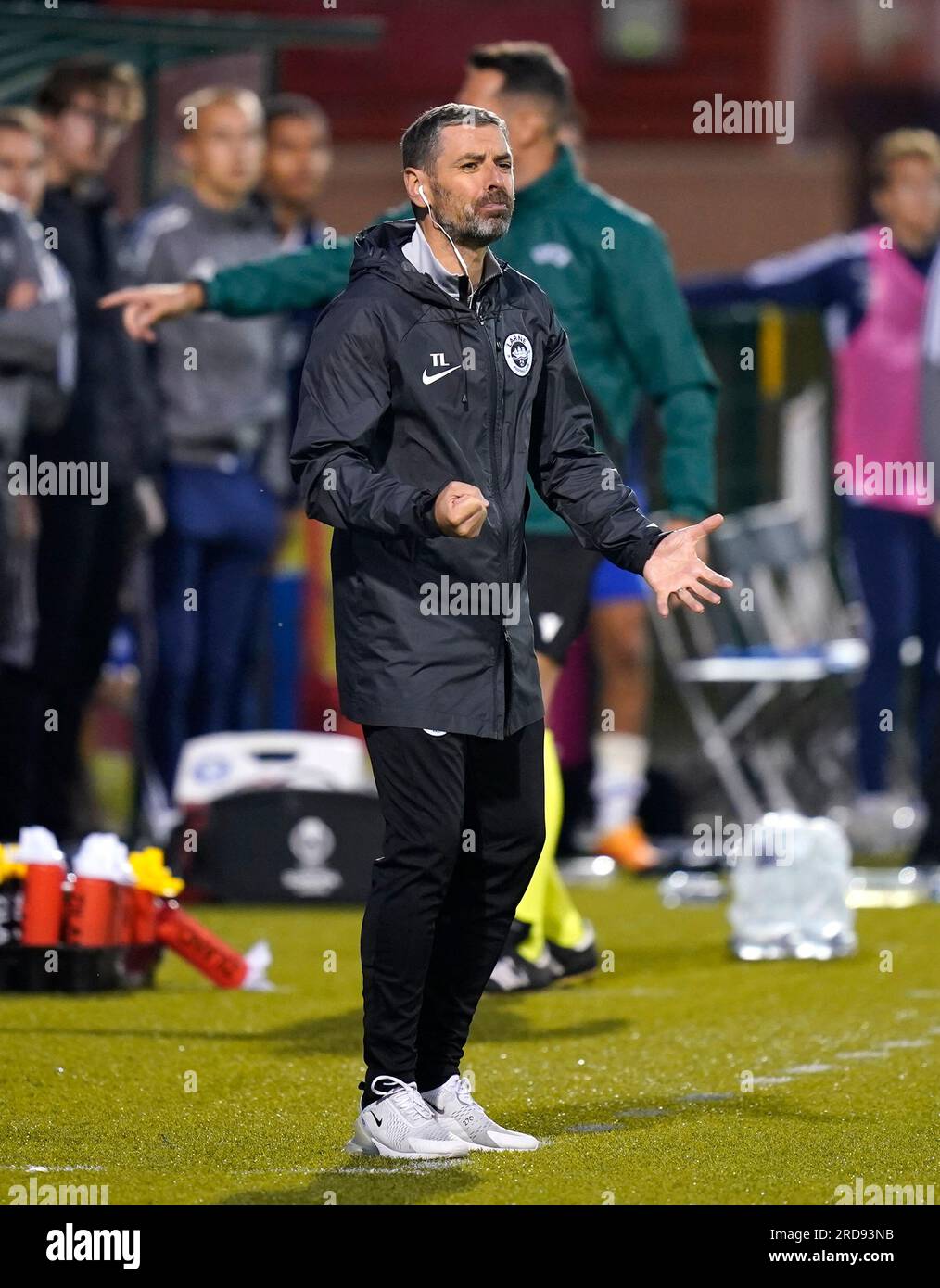 Larne manager Tiernan Lynch reacts on the touchline during the UEFA Champions League first ...