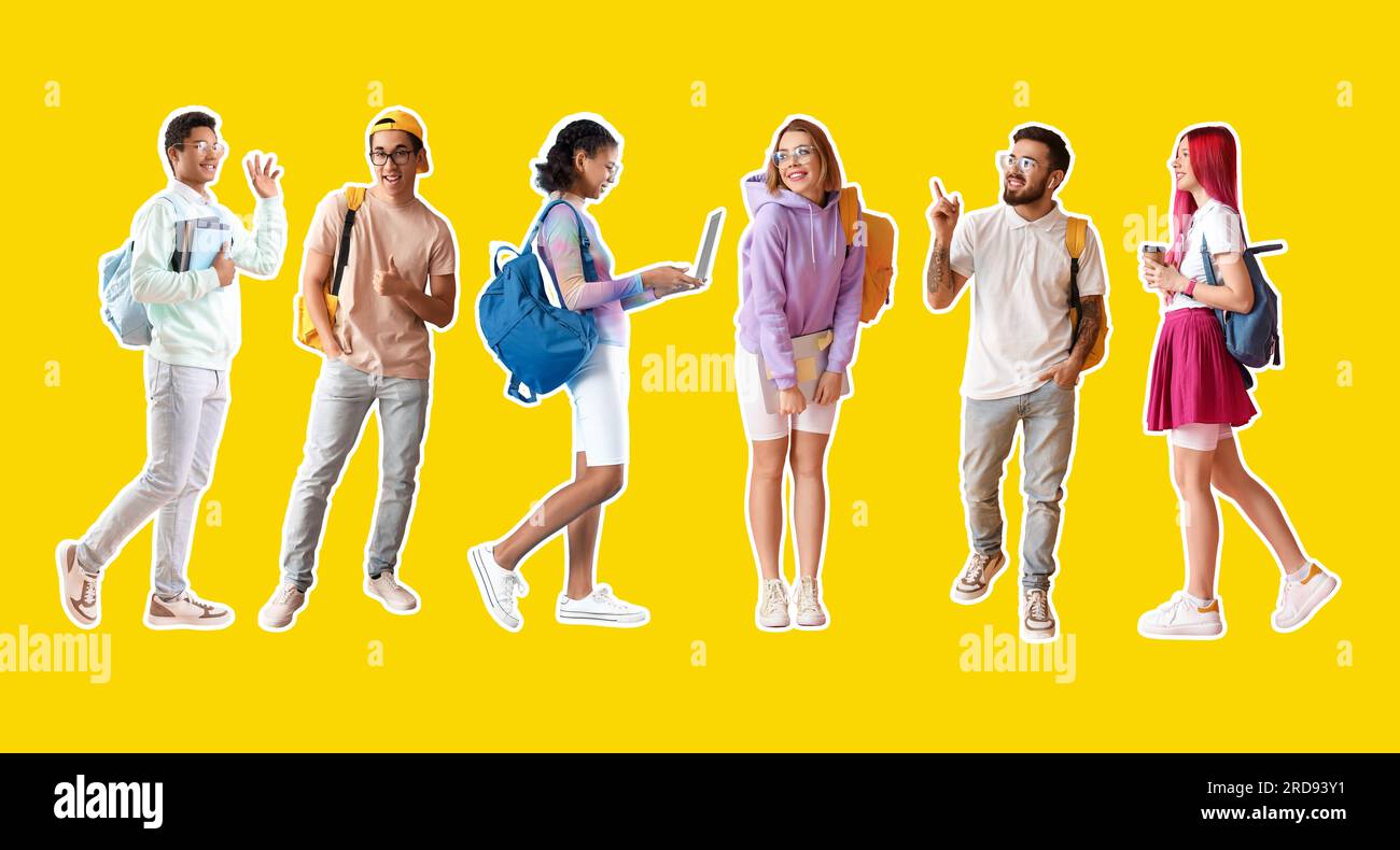 Collage with many students on yellow background Stock Photo - Alamy