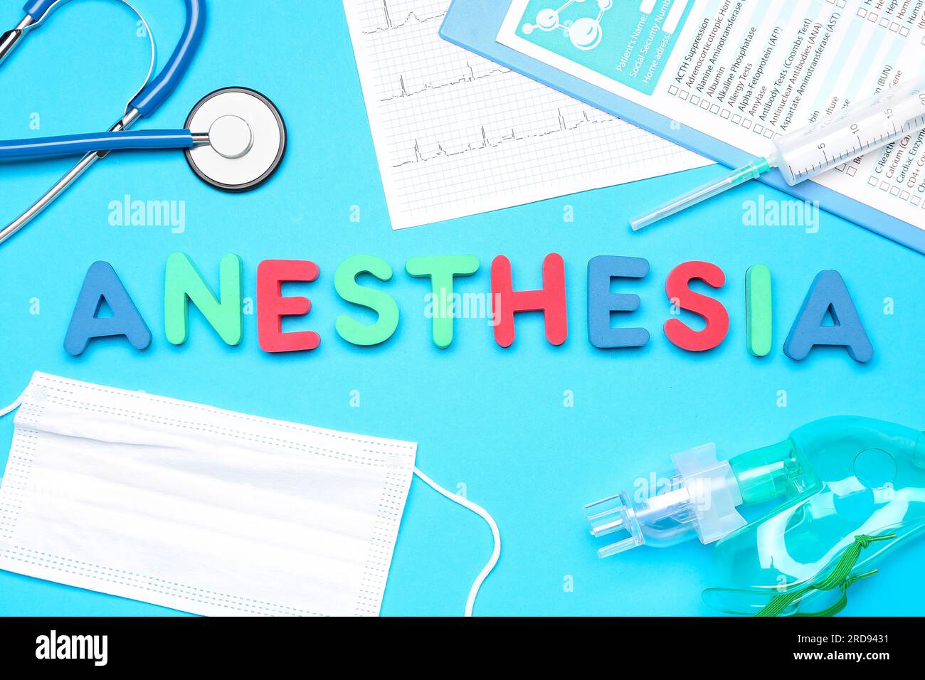 Word ANESTHESIA with medical supplies on blue background Stock Photo ...