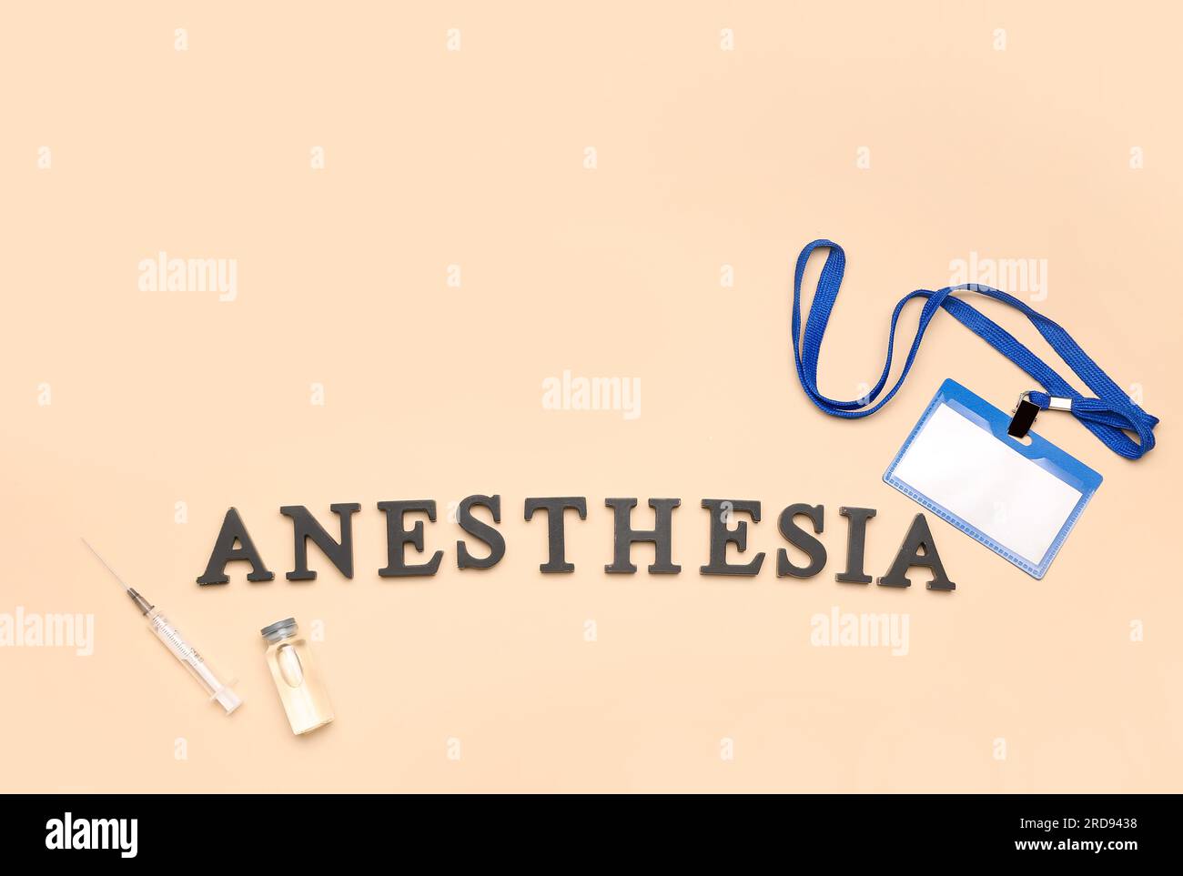 Word ANESTHESIA with badge, syringe and ampule on beige background ...