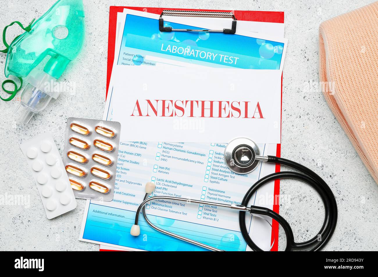Clipboard with word ANESTHESIA and medical supplies on grunge ...