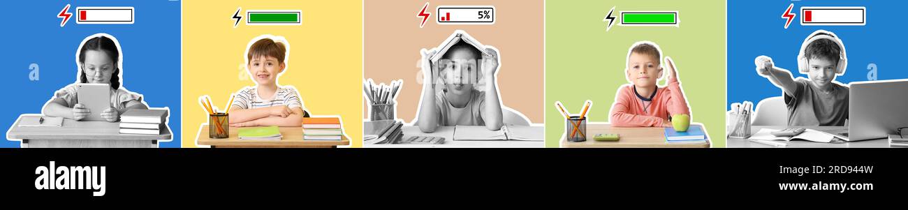 Collage of smart and tired little children doing homework against color ...