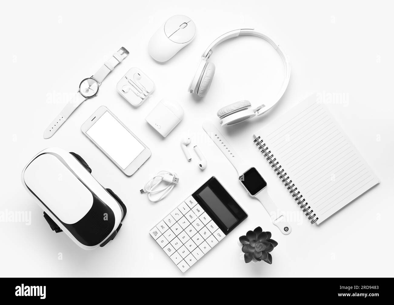 Composition with modern gadgets and notebook on white background Stock ...