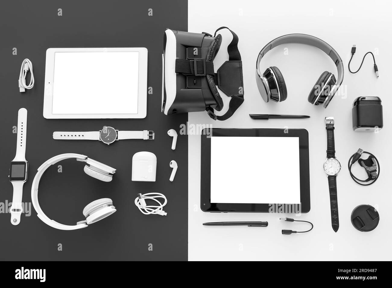 Set of different modern gadgets on black and white background Stock ...