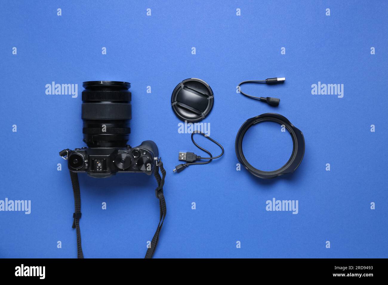 Set of professional photo equipment on color background Stock Photo - Alamy