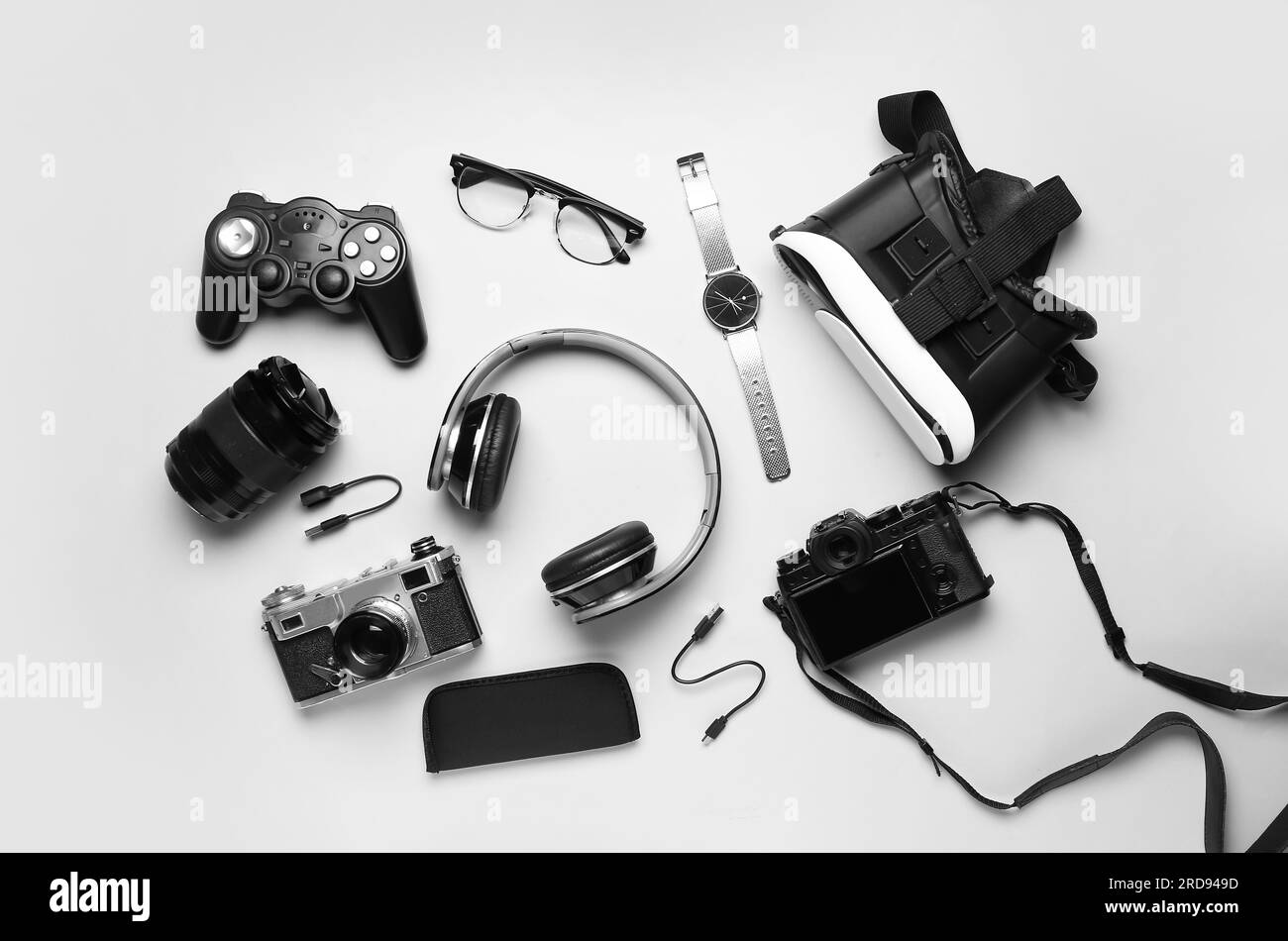 Set of different devices with eyeglasses on white background Stock ...