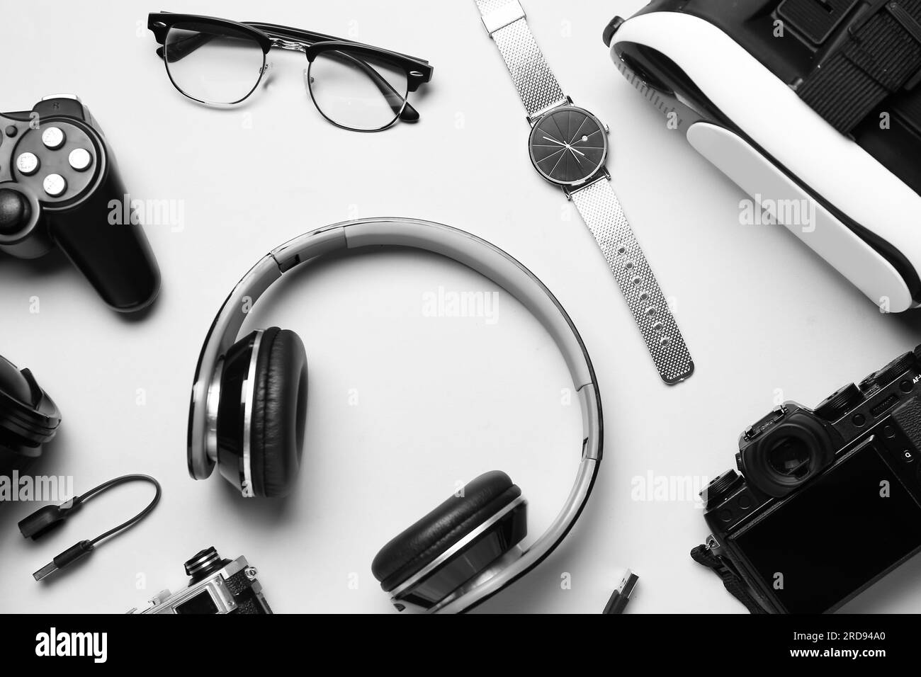 Set of different devices with eyeglasses on white background Stock ...