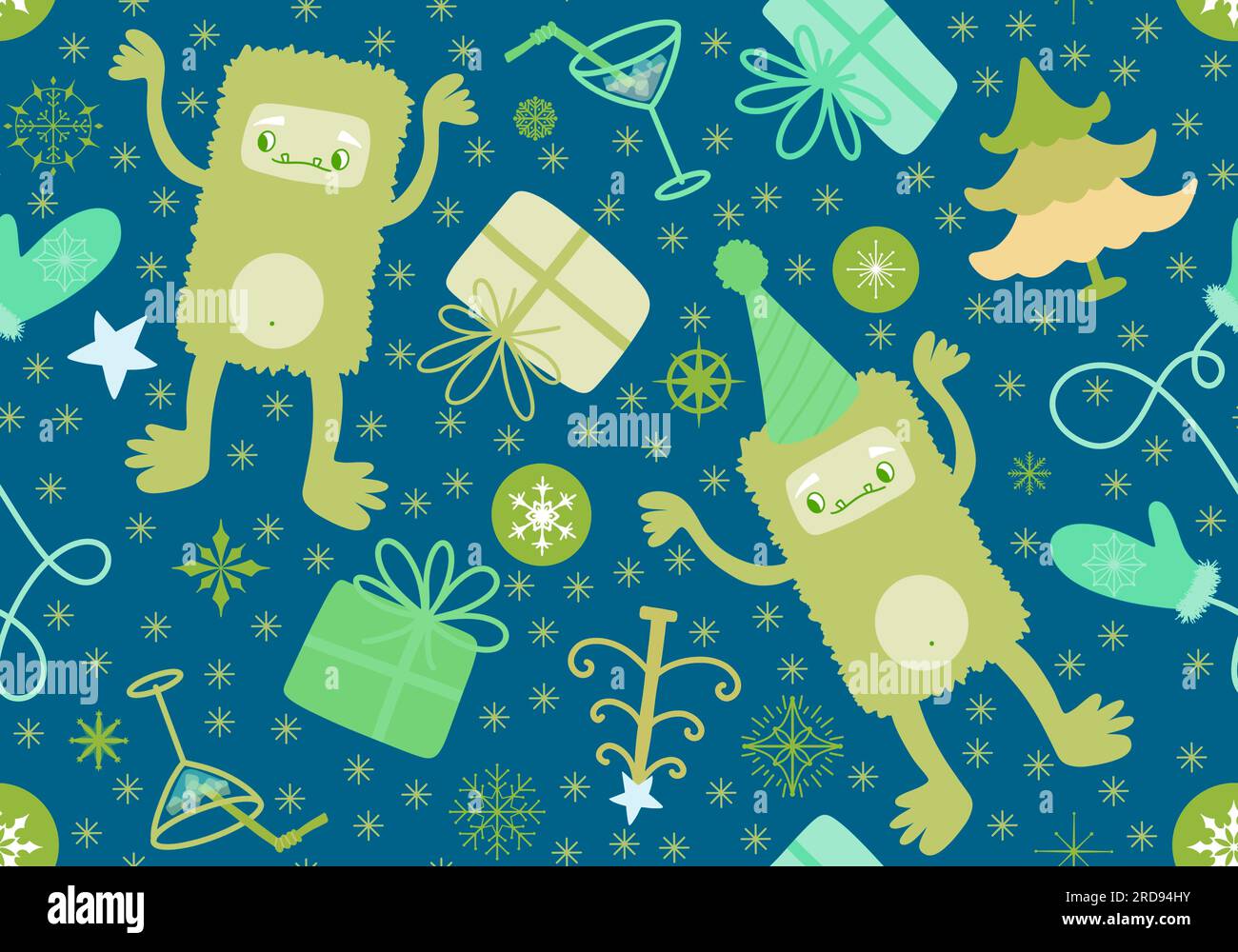 Cartoon yeti seamless Christmas pattern for wrapping paper and new year ...