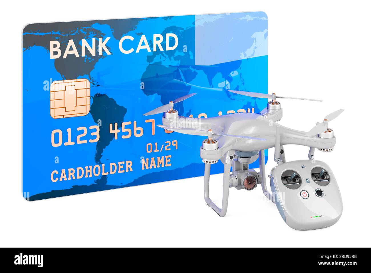 Drone with credit card, 3D rendering isolated on white background Stock ...