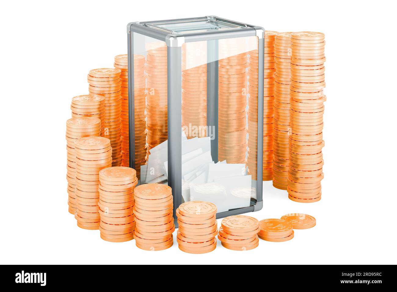 Ballot box with growing chart from gold coins around, 3D rendering ...