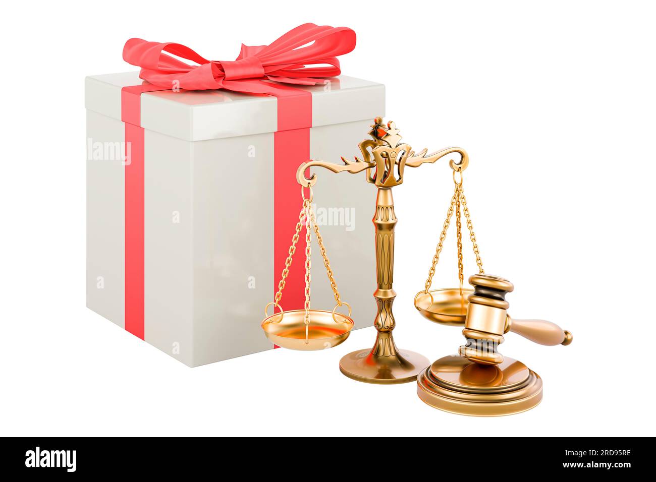Gift box with wooden gavel and scales of justice. 3D rendering isolated ...