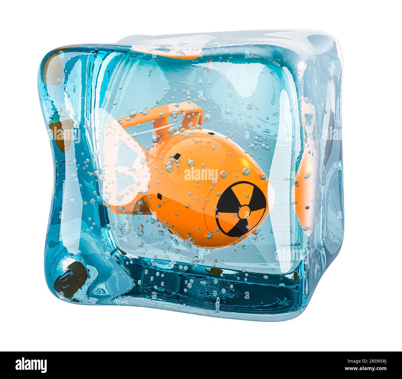 Atomic bomb frozen in ice cube, 3D rendering isolated on white ...