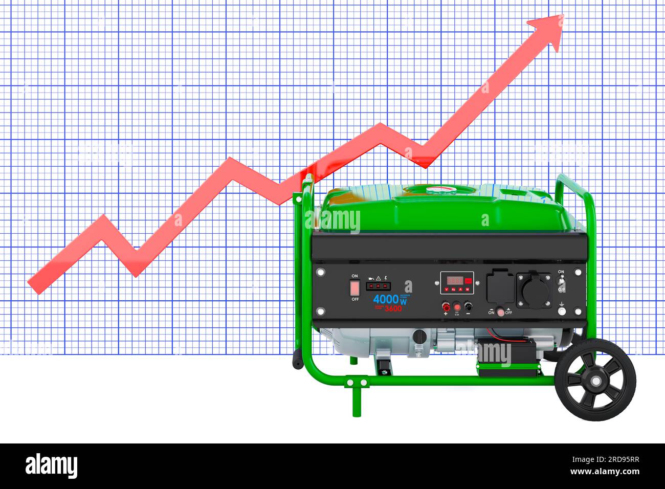 Gasoline generator with growing chart, 3D rendering isolated on white ...