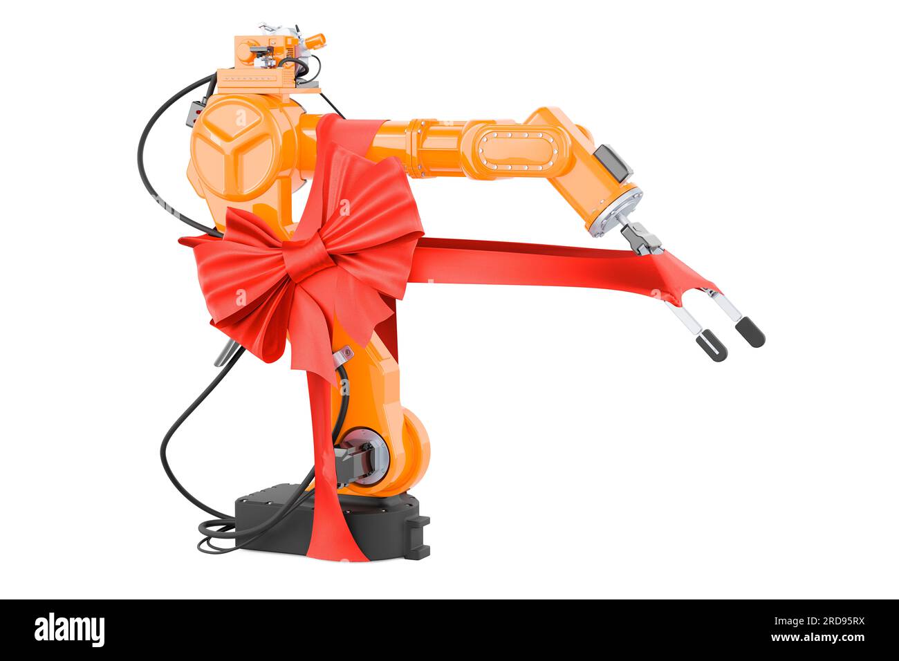 Robotic arm with red ribbon and bow, present concept. 3D rendering ...