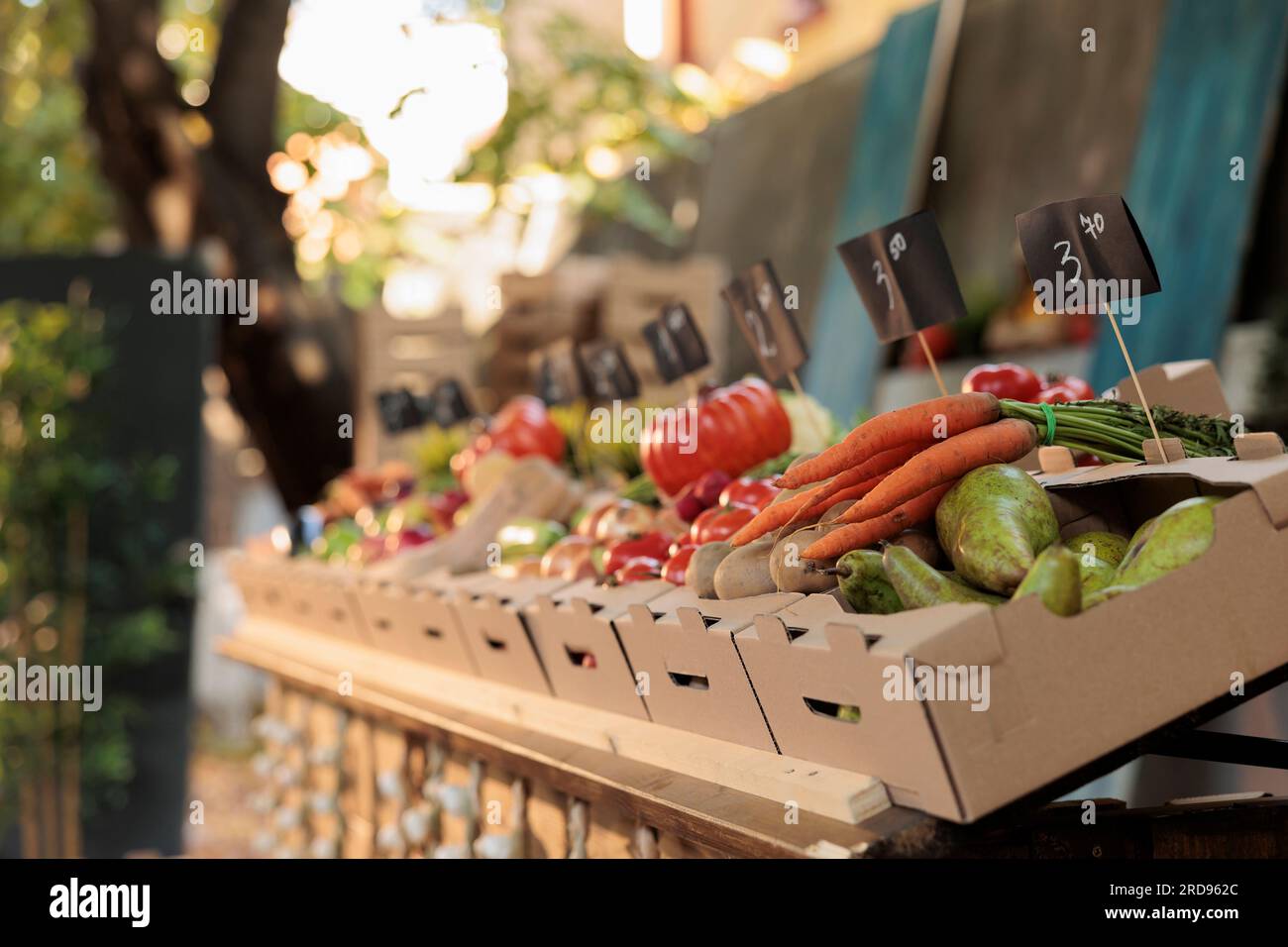 Colorful organic fruits and vegetables on farmers market stand, empty ...