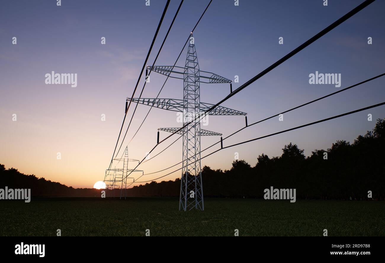 Industrial energy tower with overhead power lines over sunset horizon ...