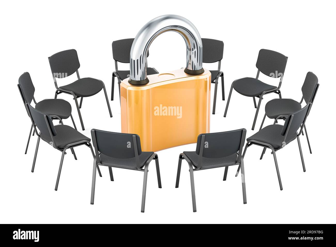 Safety meeting concept. Chairs in a circle with padlock, 3D rendering ...