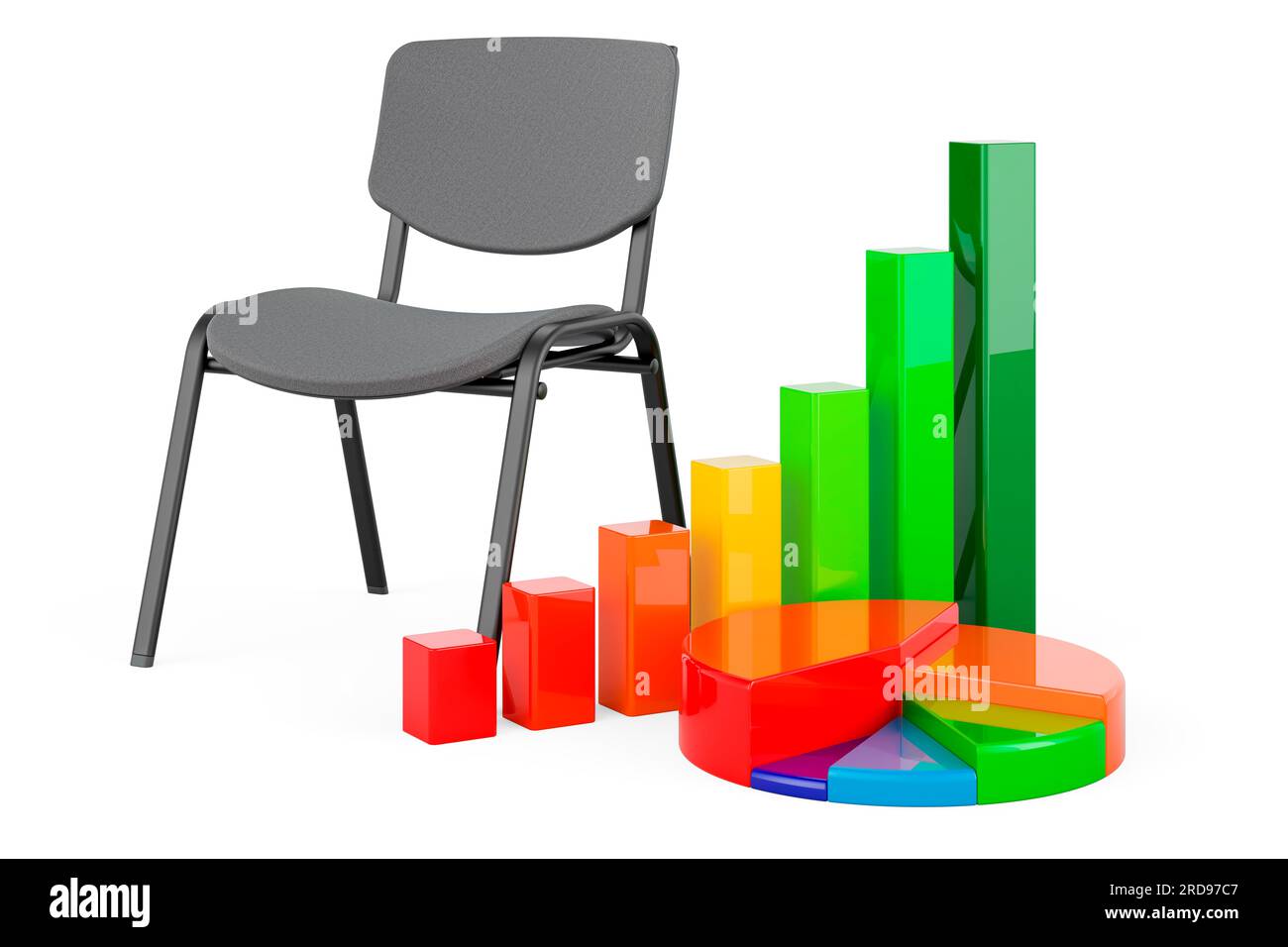 Office Chair with growth bar graph and pie chart. 3D rendering isolated ...