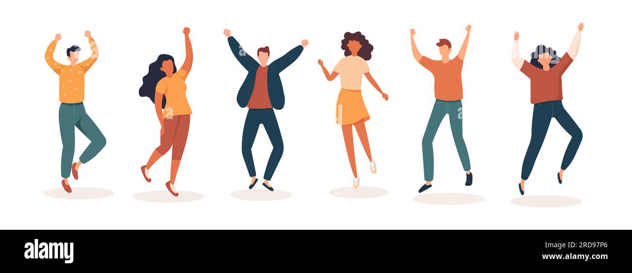 People happy jumping set. Young funny teens large group guy, girl ...