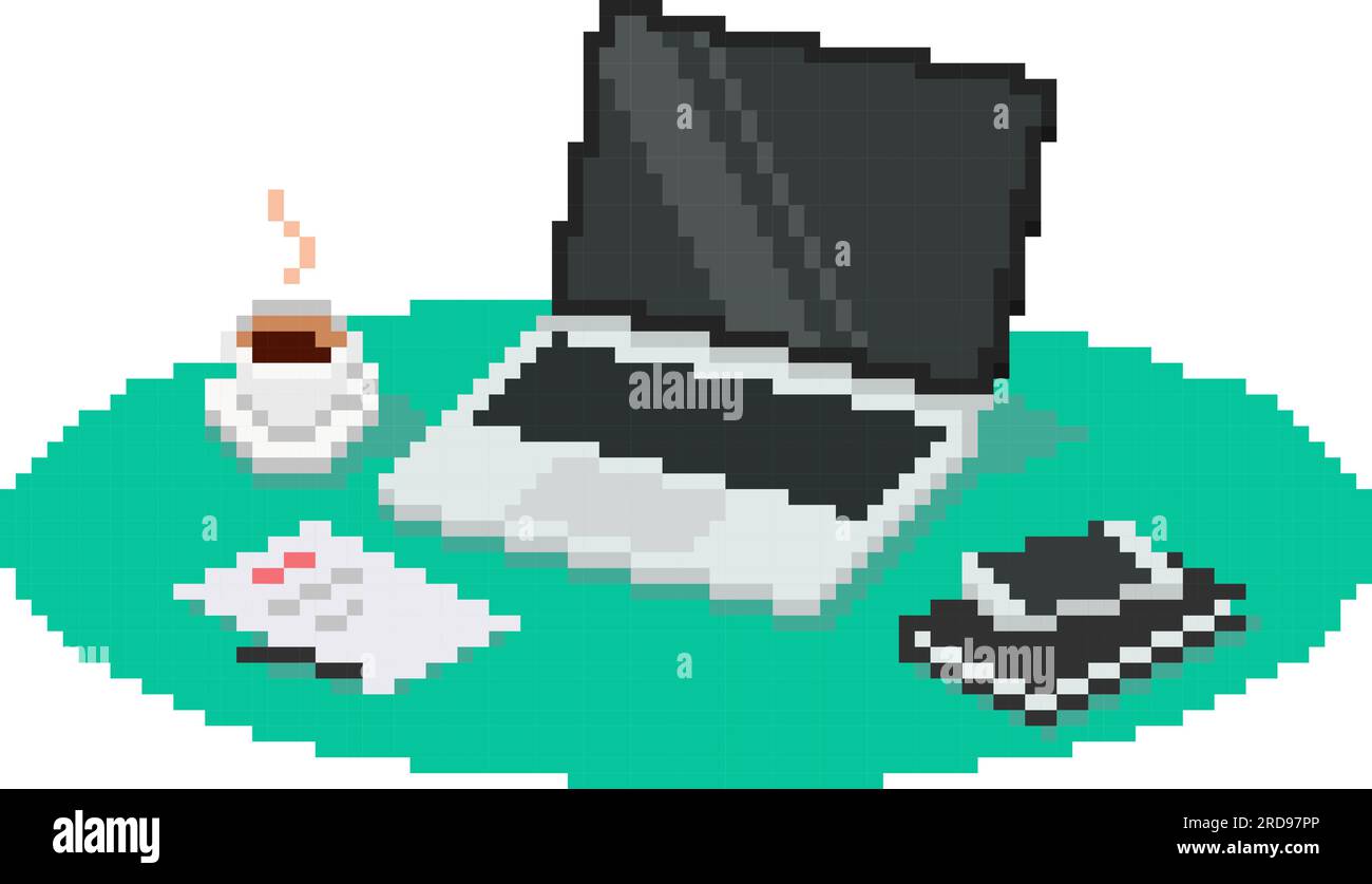 Isometric concept of workplace with laptop, phone coffee and office ...