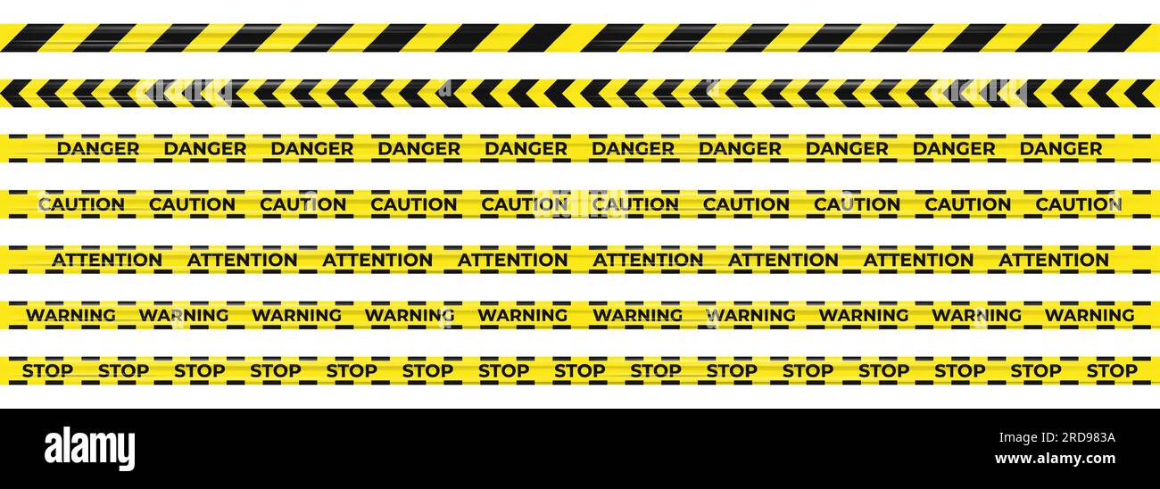 realistic yellow warning tape with black stripes and inscriptions ...