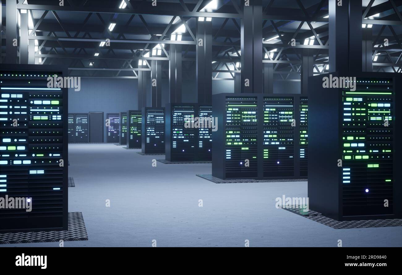 Server rack clusters controlling network resources. High tech workspace delivering immense ...