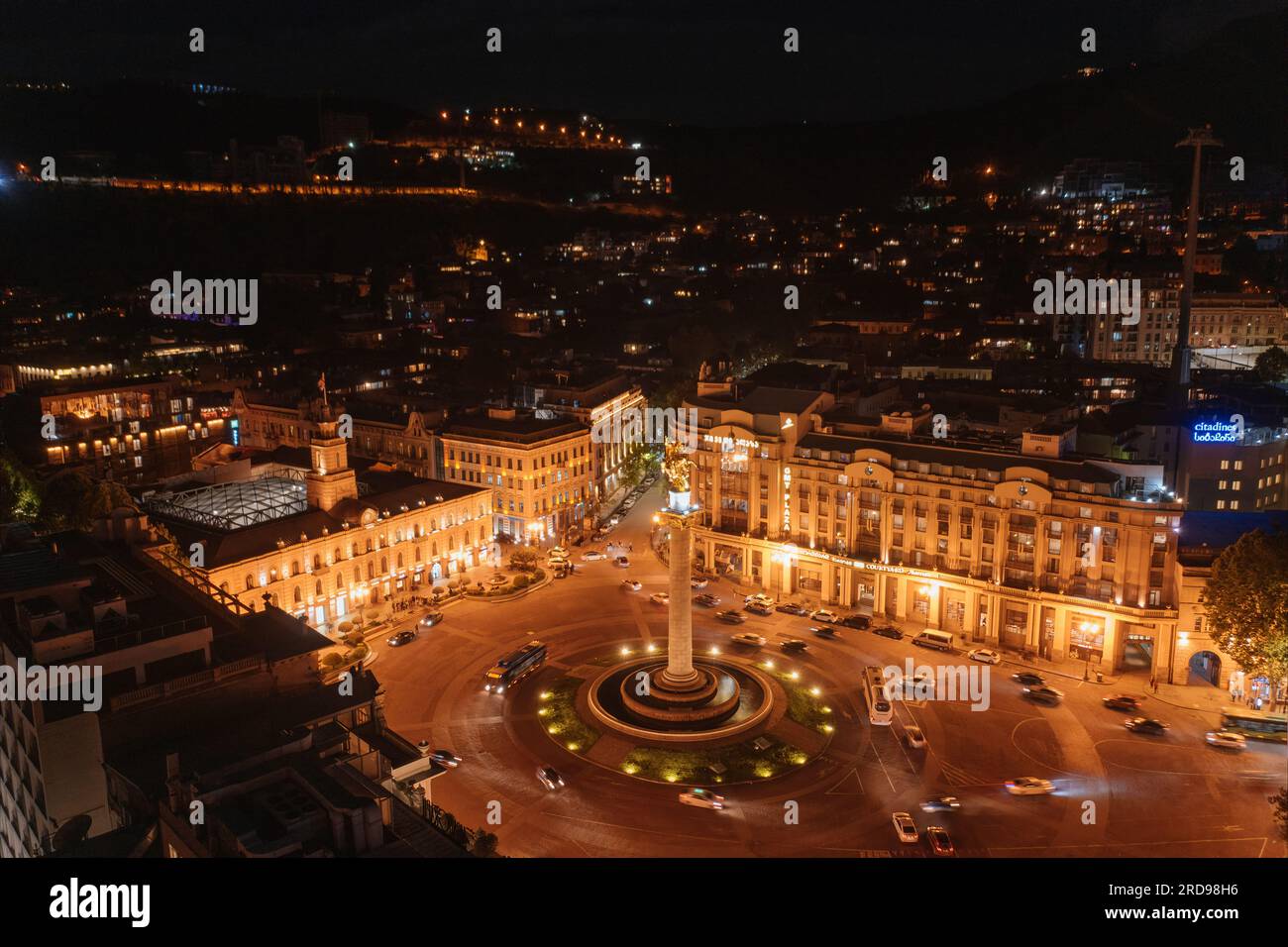 Panoramic night aerial view of Tbilisi, capital of Georgia from drone ...