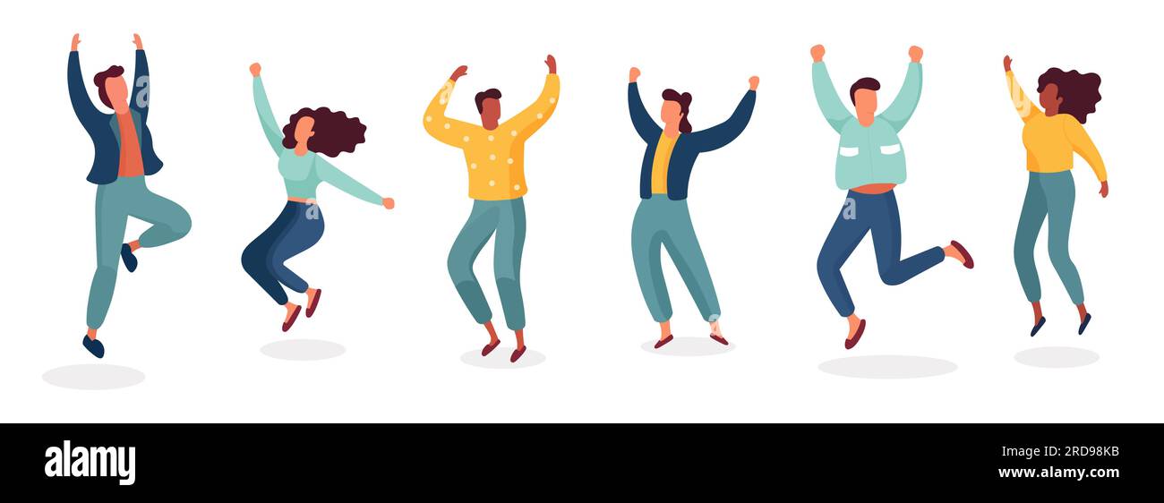 People happy jumping set. Young funny teens large group guy, girl ...