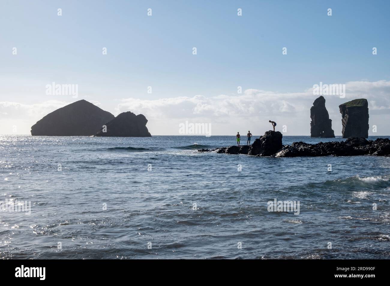 Scenic view of the Beach of Mosteiros and the big volcanic cliffs in ...
