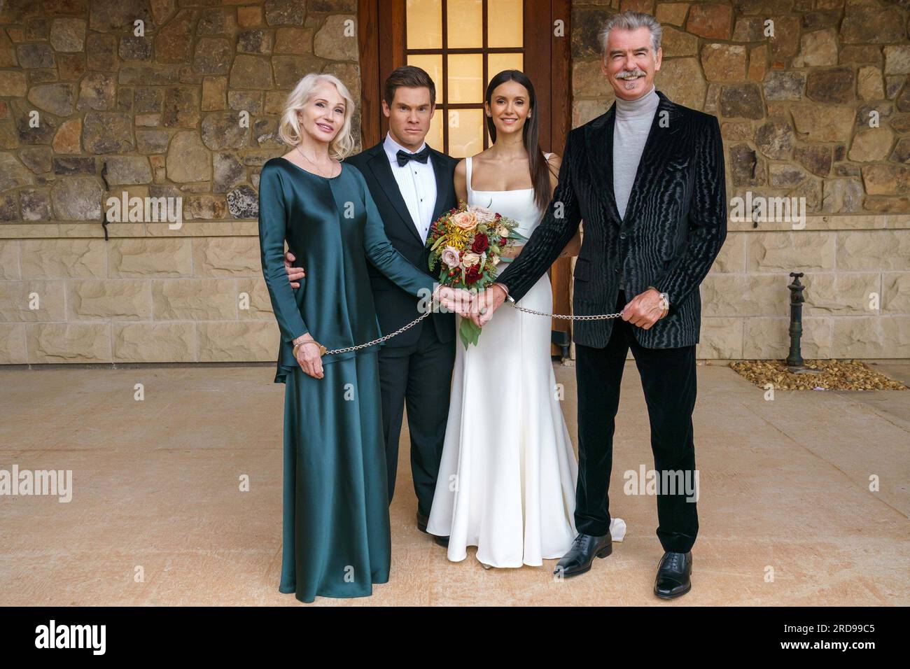 THE OUT-LAWS, from left: Ellen Barkin, Adam Devine, Nina Dobrev, Pierce ...