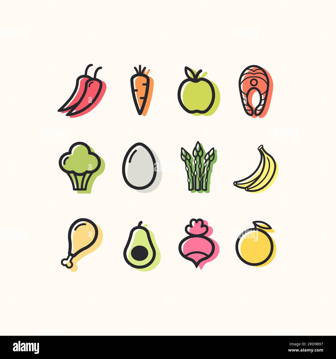 set of linear icons of vegetables, meat and fruits for a healthy diet ...