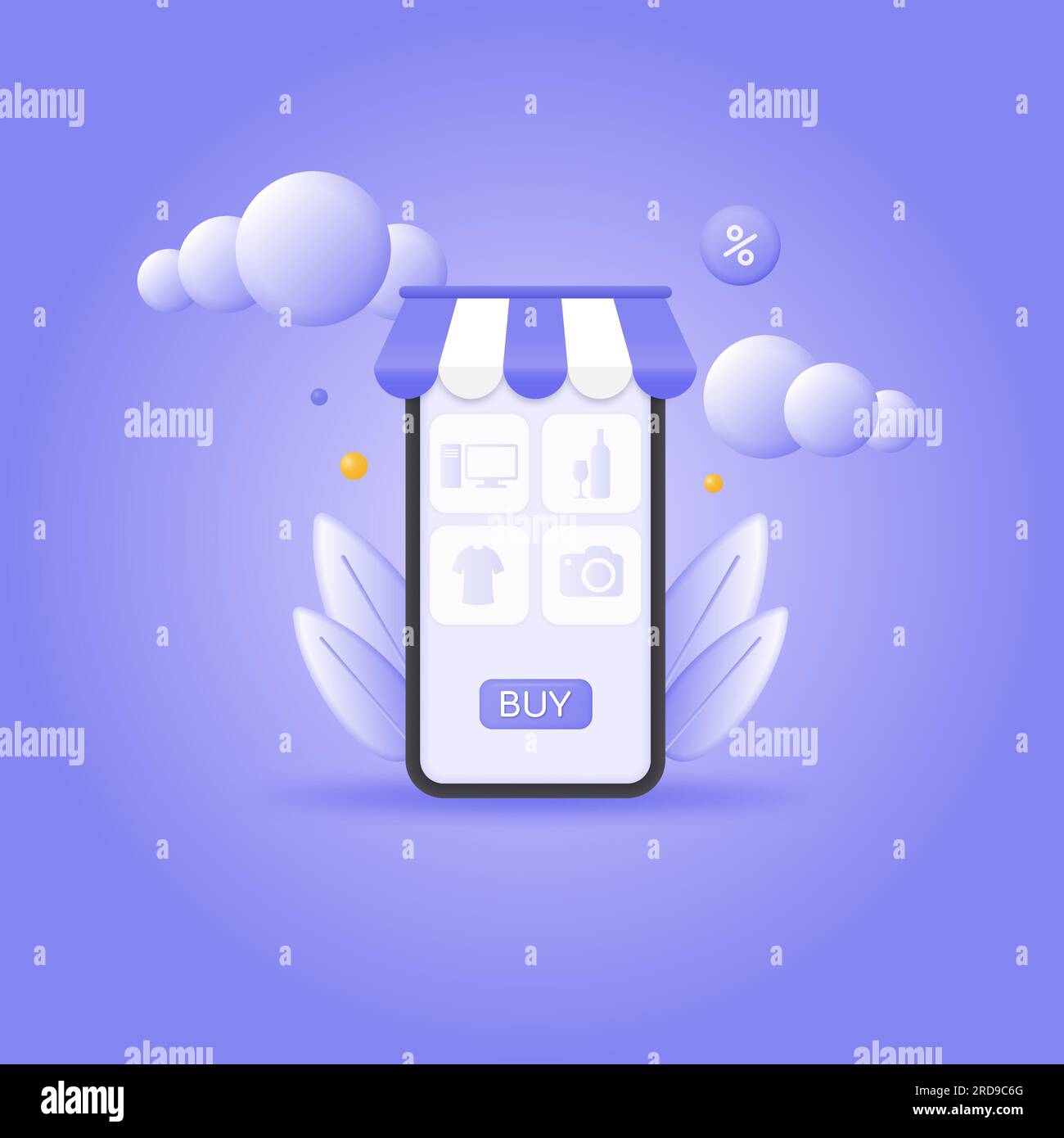 shopping app on smartphone screen. vector 3d illustration on purple ...