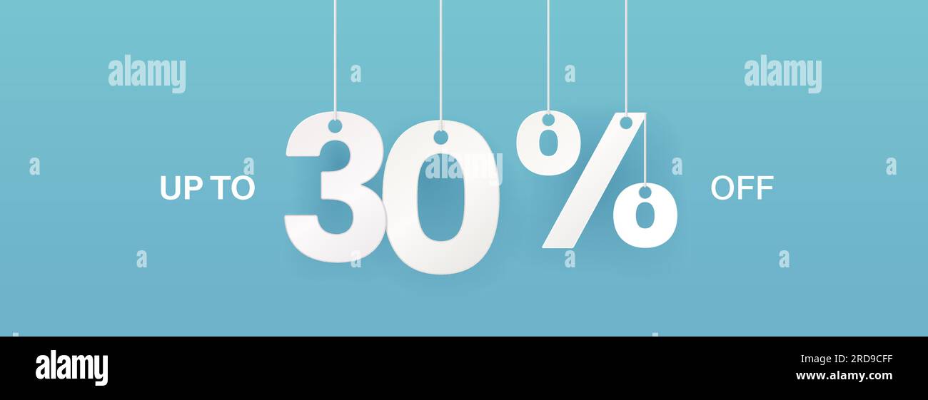 30 percent off banner. Hanging big numbers. Discount offer. Wide ...