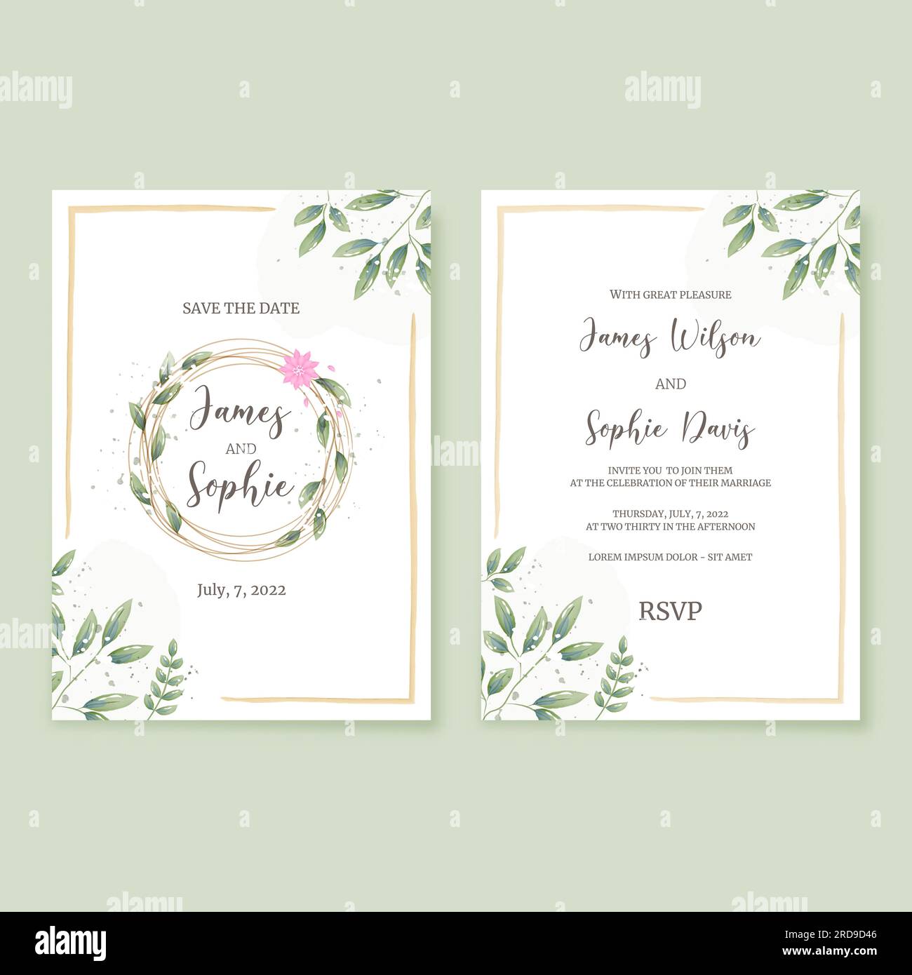 wedding invitation with leaves, vine and flower template in rustic ...