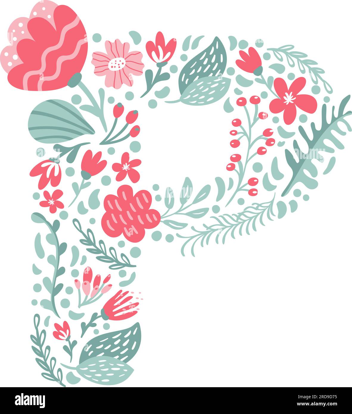 Vector Hand Drawn Font Letter P with Flowers and Branches Blossom ...