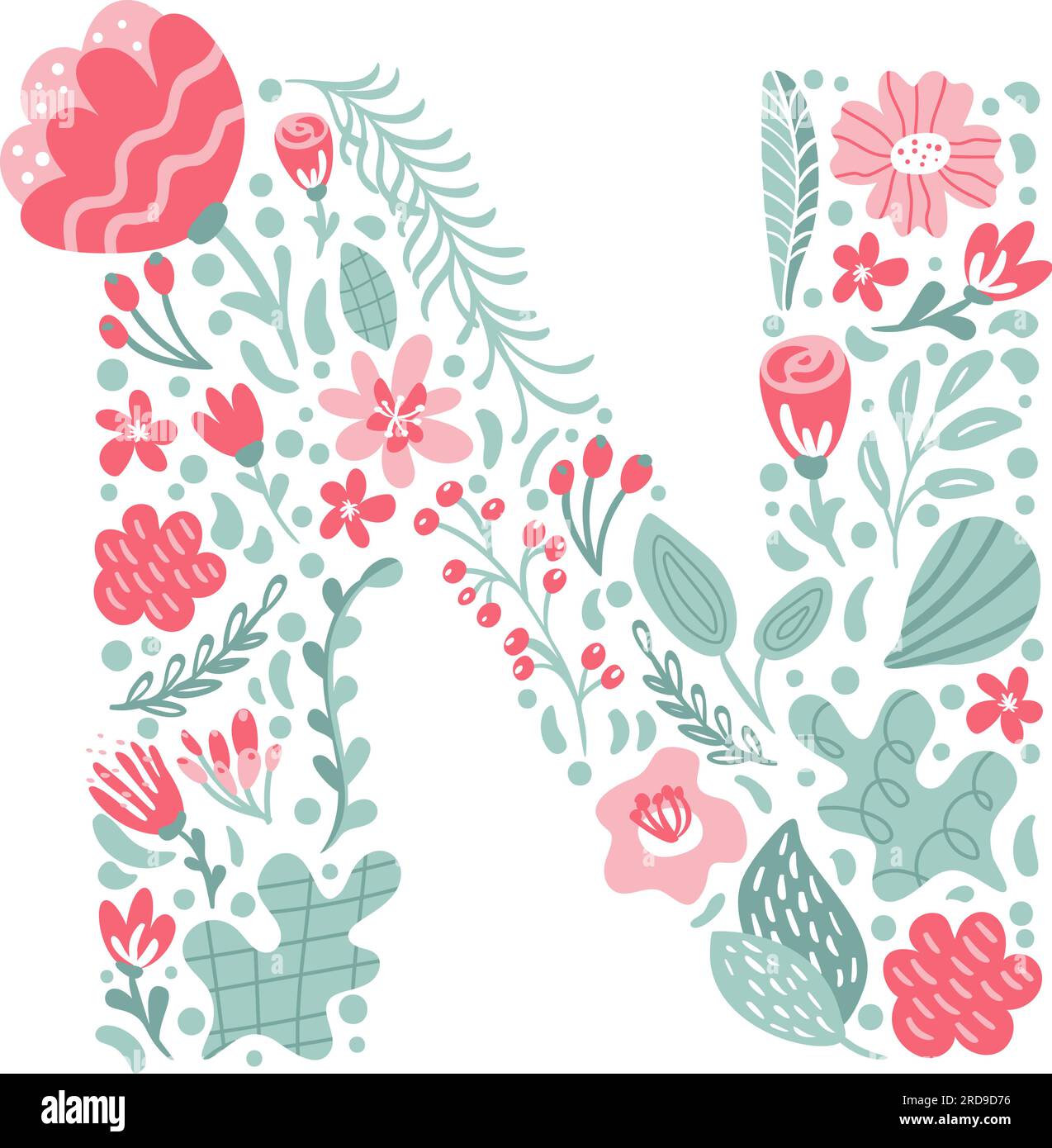 Vector Hand Drawn Font Letter N with Flowers and Branches Blossom ...
