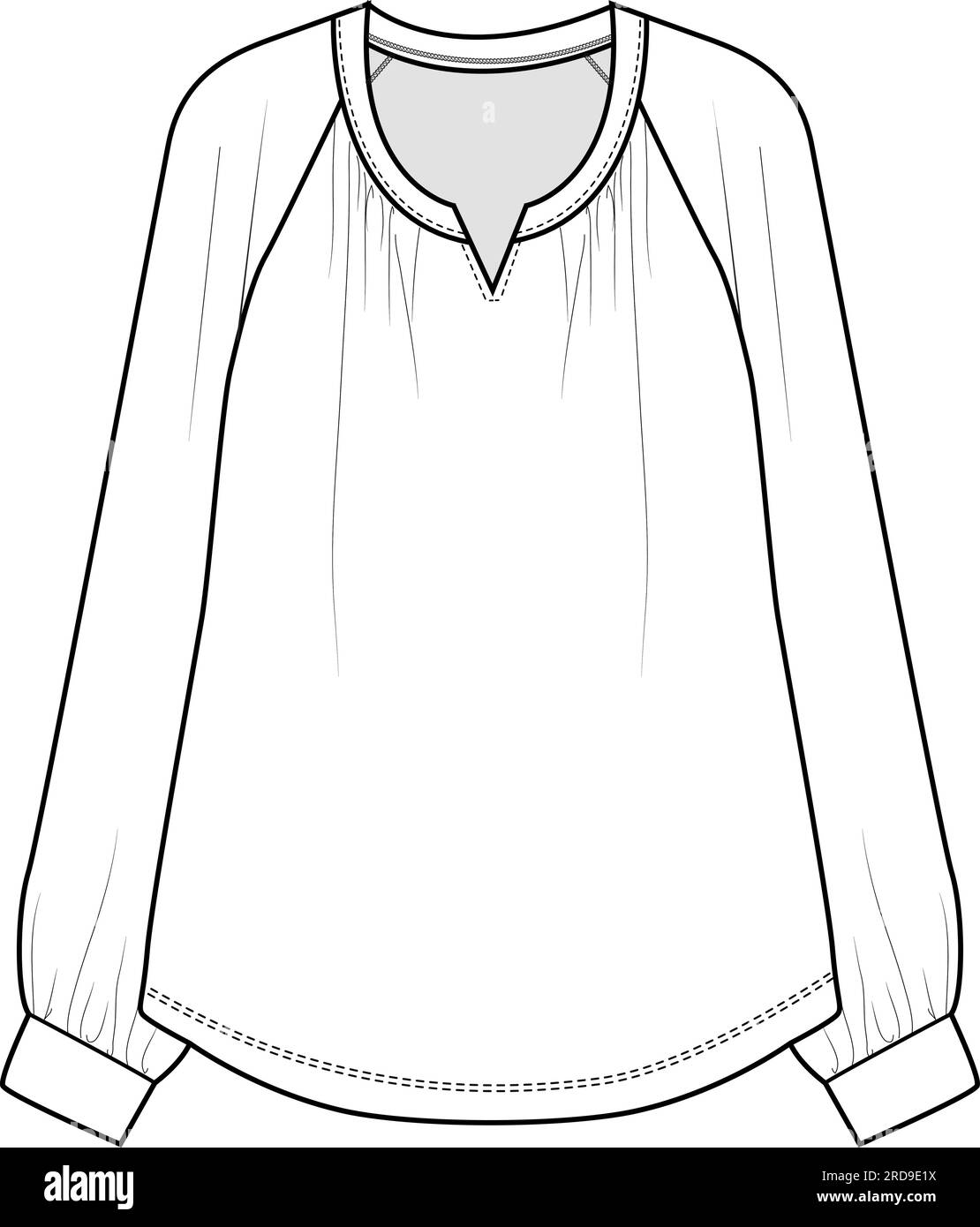 Women Notch neck Raglan Long sleeve top technical drawing flat sketch Stock Vector Image & Art ...