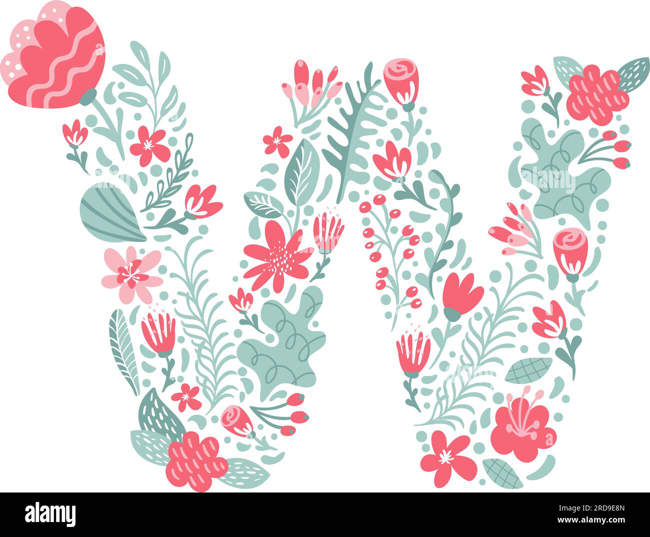 Vector Hand Drawn Font Letter W with Flowers and Branches Blossom ...