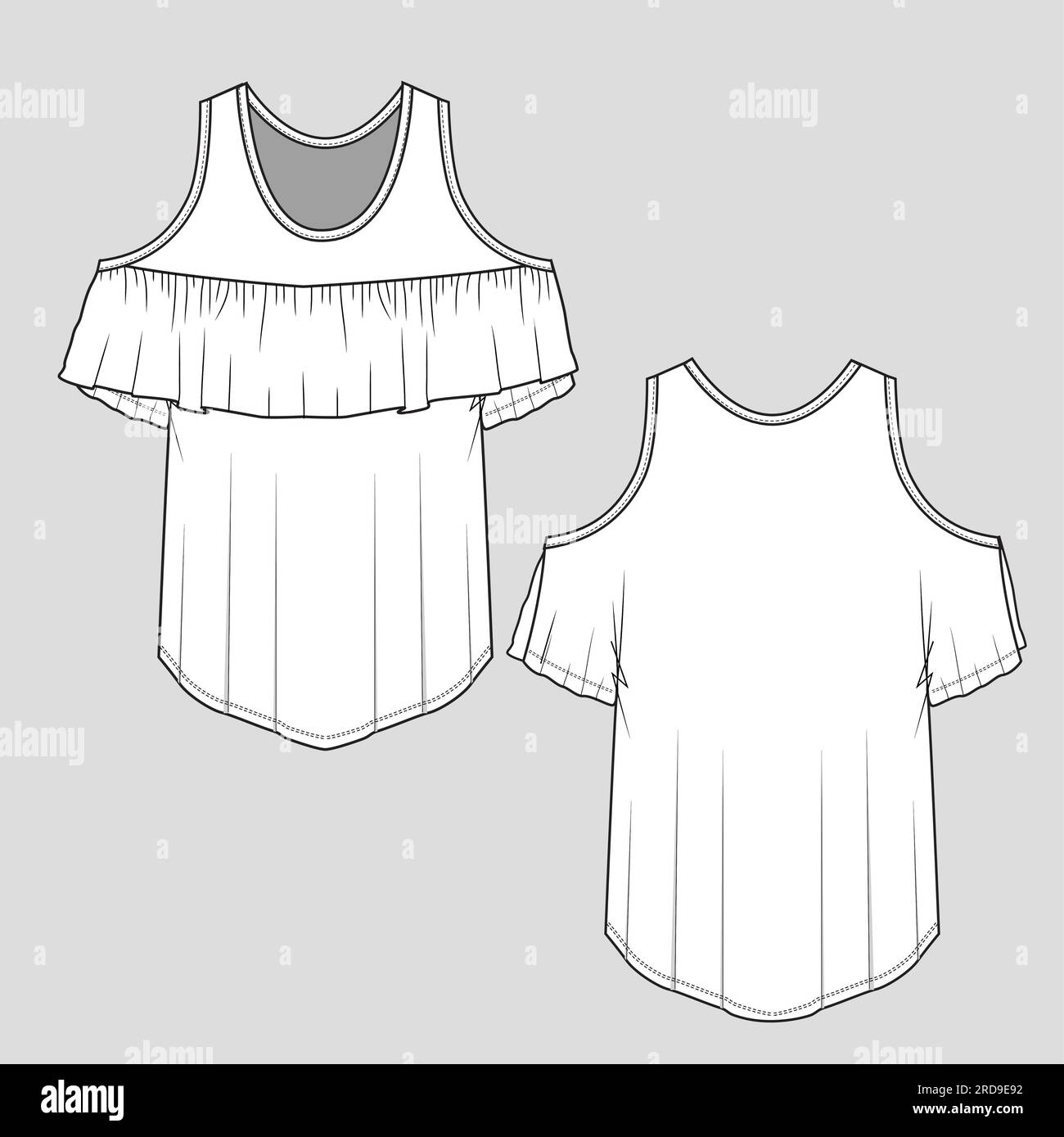 Women fashion ruffles tank top flat sketch technical drawing template ...