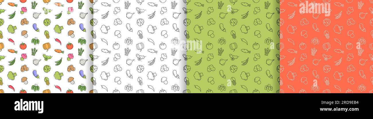 set of minimalistic linear vegetarian patterns with vegetables ...